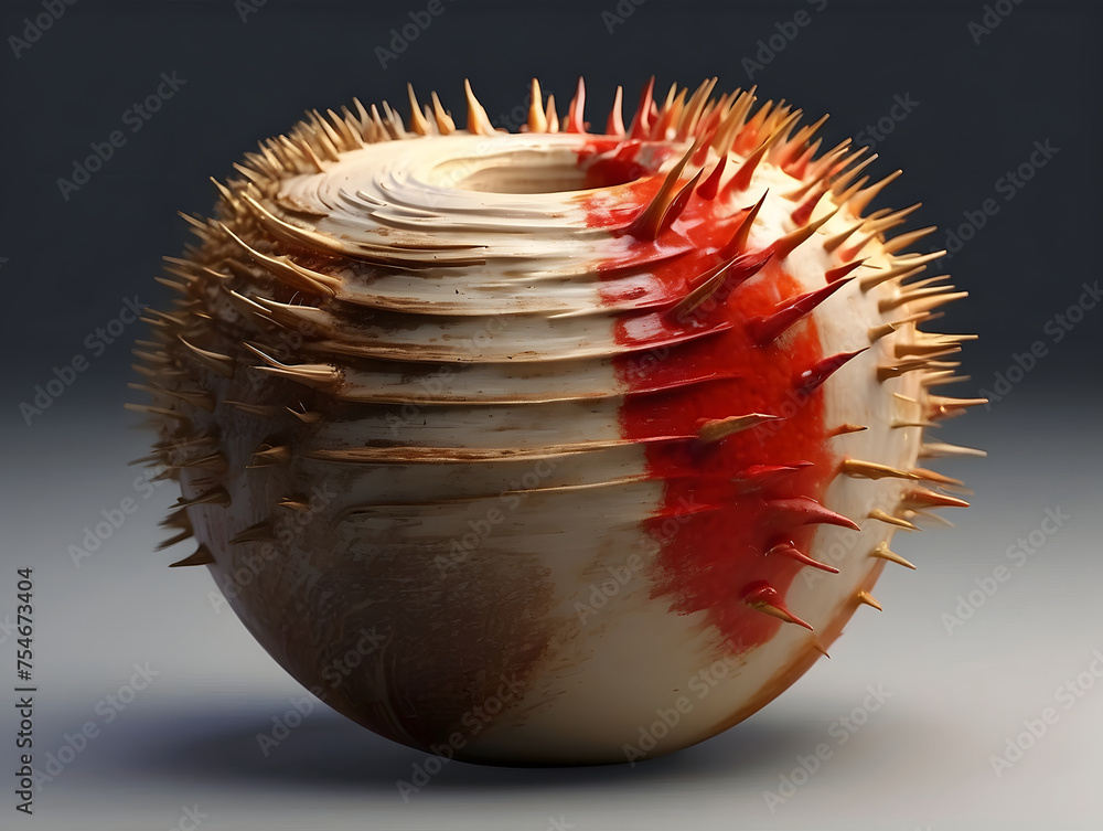 This image depicts a spherical white sculpture enriched with red paint ...