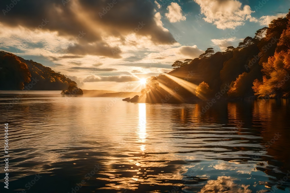 Amber sunlight beams through the clouds in the sky, creating a ...