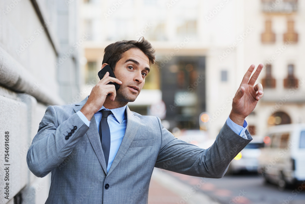 Phone call, street in city and taxi with businessman hailing ride ...