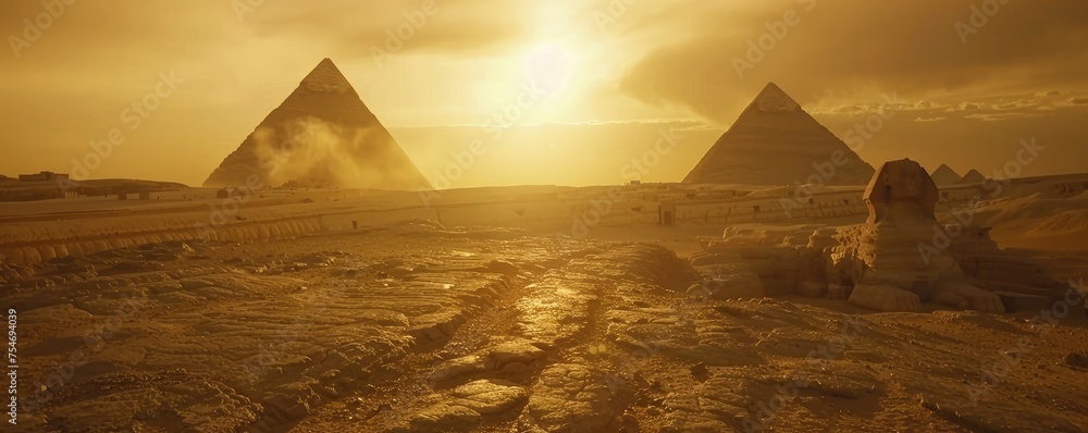 Desert mirage revealing Sphinx and Pyramids, an ethereal gateway to ...