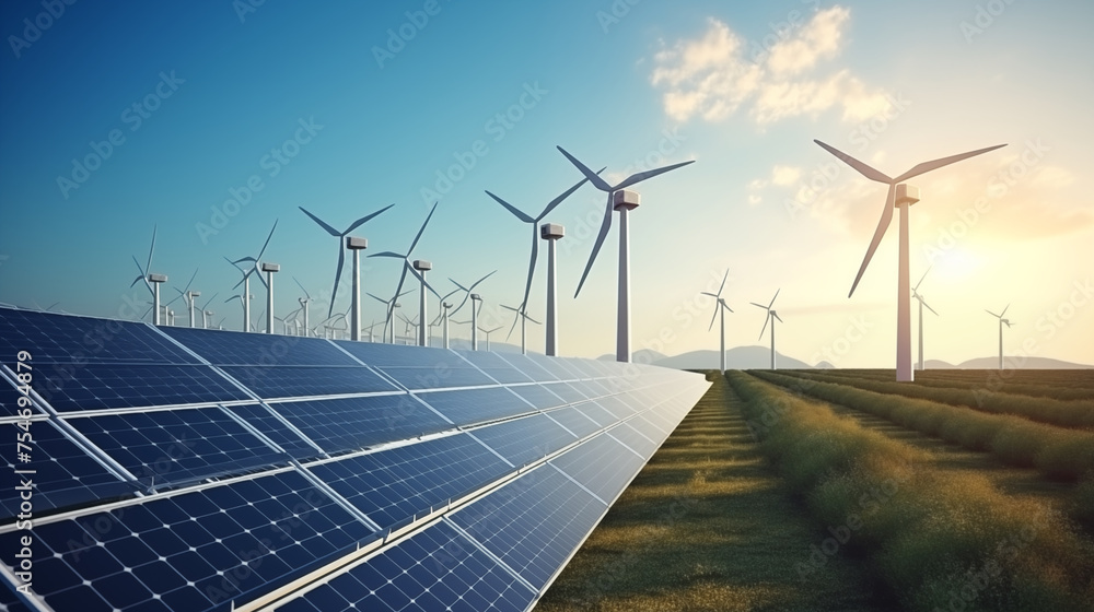 Photovoltaics solar panel and wind turbines generating electricity ...