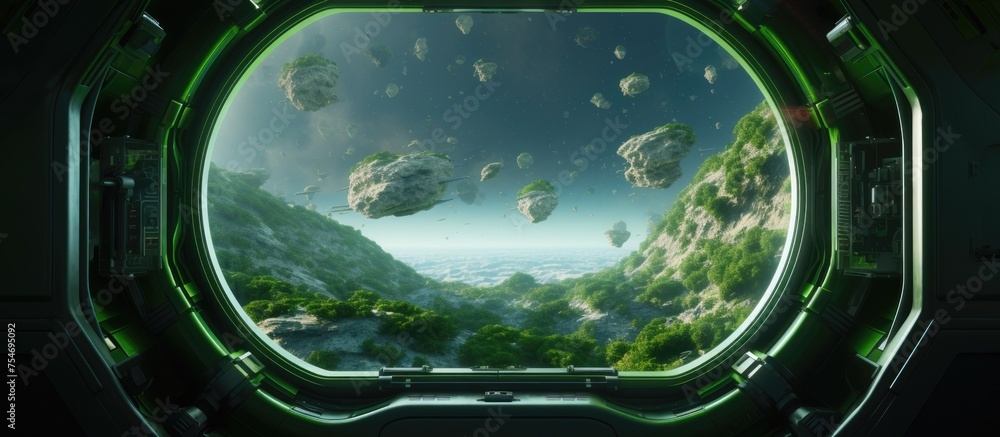 This is a 3D rendering showing a view of a space station through a ...