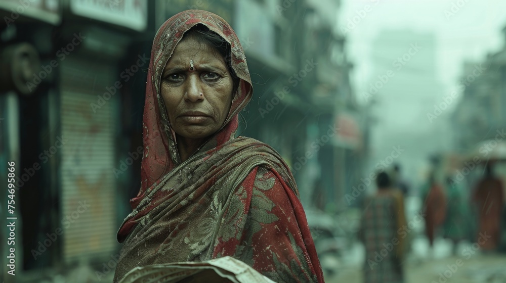 An elder poor Indian woman in traditional attire stands amidst a busy ...