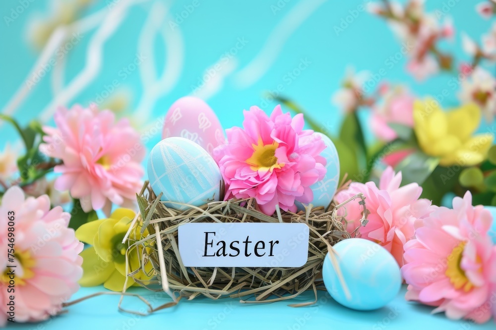 Colorful Easter Egg Basket Easter hunt. Happy easter carnations bunny ...