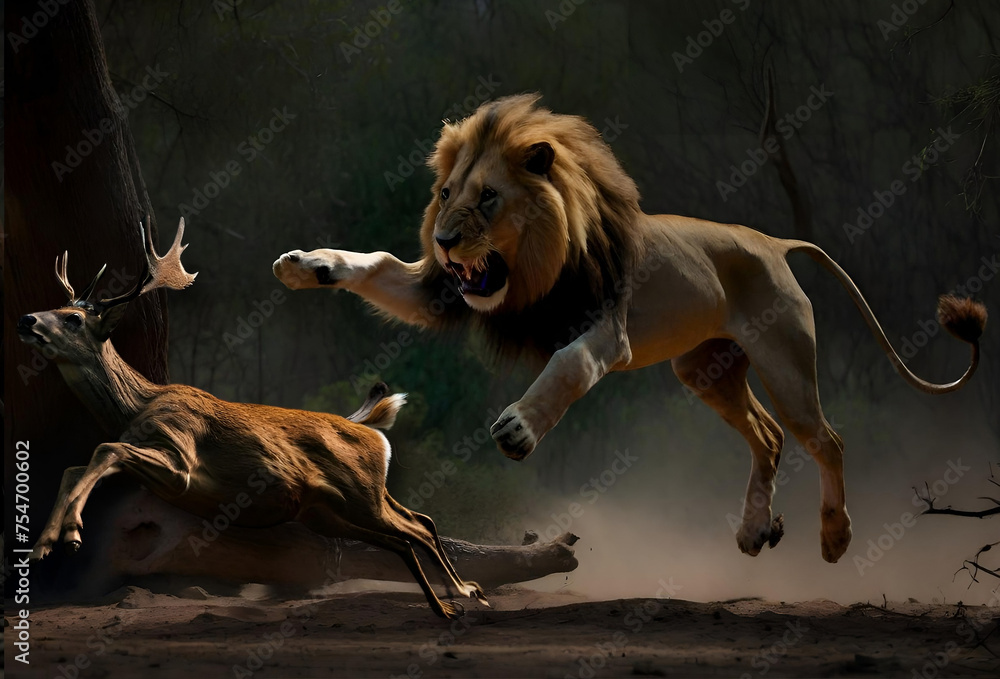 a large and majestic lion leaps to capture a fleeing gazelle Stock ...
