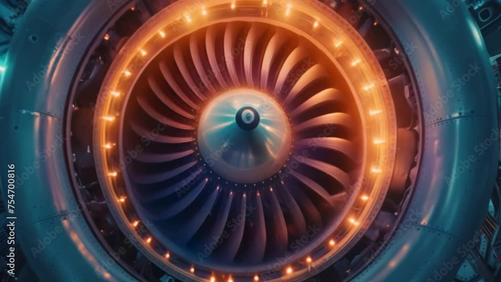 View the airplane's turbine engine in flight by zooming in. An aerial ...