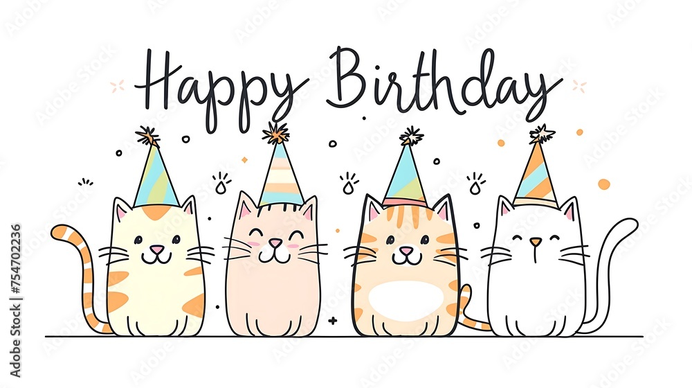 Cute Line Art Illustration of cats wearing party hats with happy ...