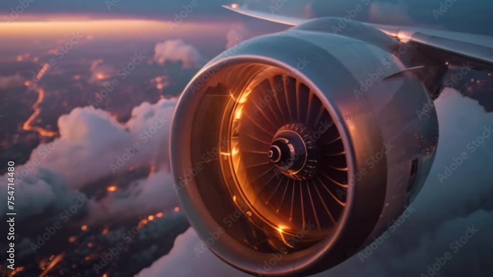 View the airplane's turbine engine in flight by zooming in. An aerial ...