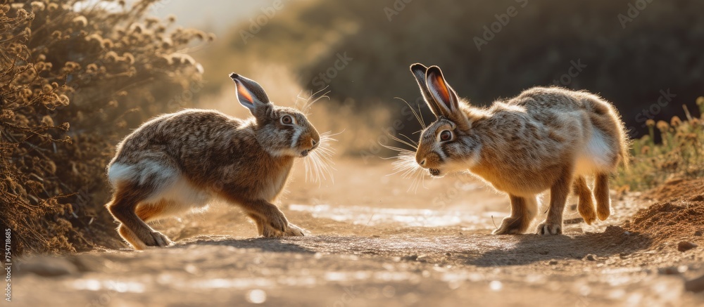 Two gray eared hares, commonly known as rabbits, are standing next to ...