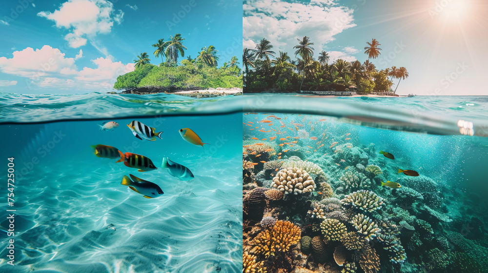 Split view of sea water with fish swimming underwater and tropical ...