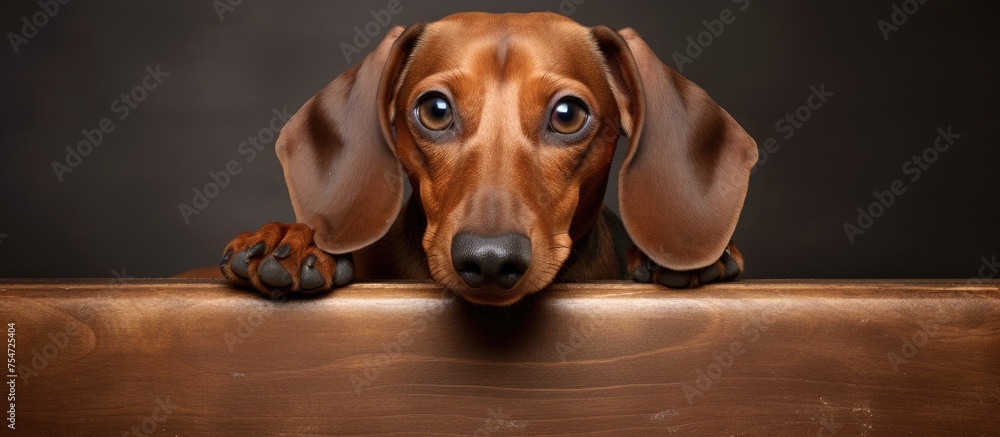 A dachshund, known for its elongated body and short legs, is curiously ...
