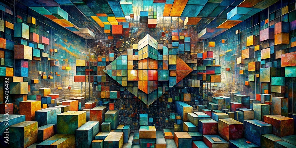 A vibrant painting in a cubist style, depicting fragmented code snippets and data visualizations ...