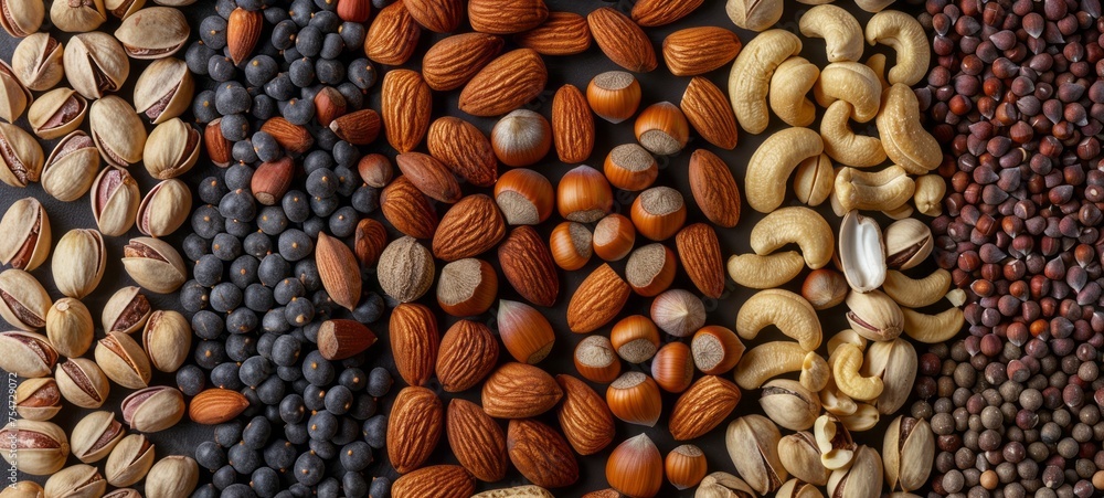 Various selection of nuts and seeds, top view, for a healthy lifestyle ...