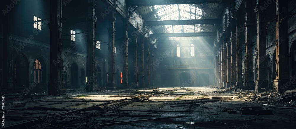 An empty warehouse is strewn with rubble and debris, with metal ...