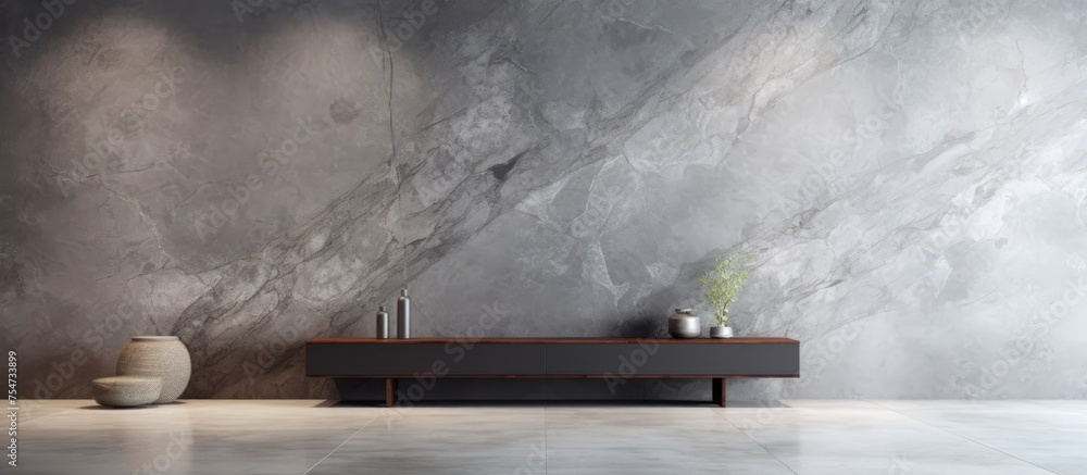 The room features a luxurious marble wall and a sleek table, creating a ...