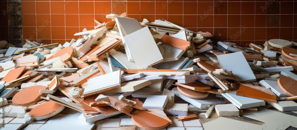 A heap of fractured ceramic tiles is seen piled on the floor, likely ...