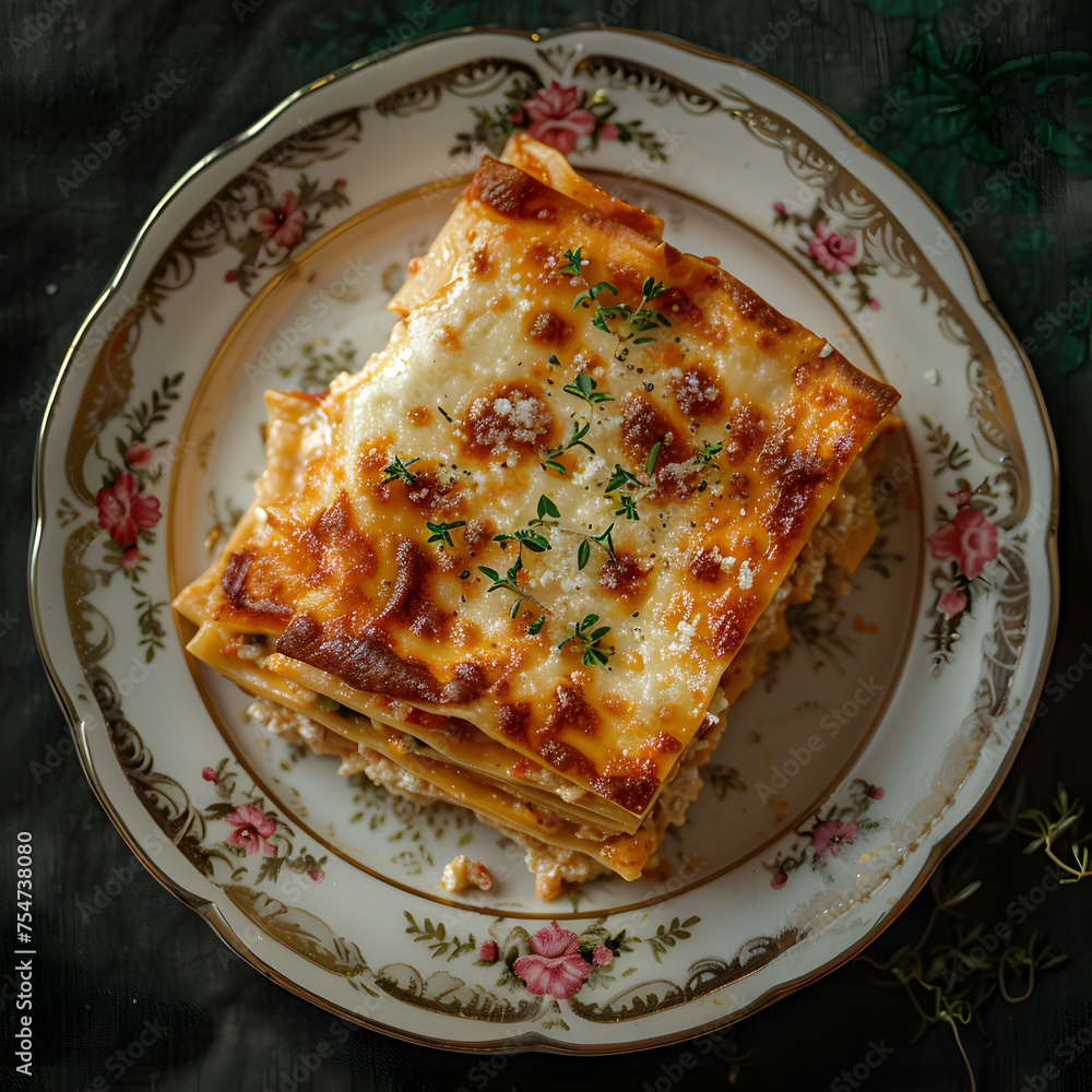 Indulge in a delicious stack of lasagna on a plate adorned with flowers ...