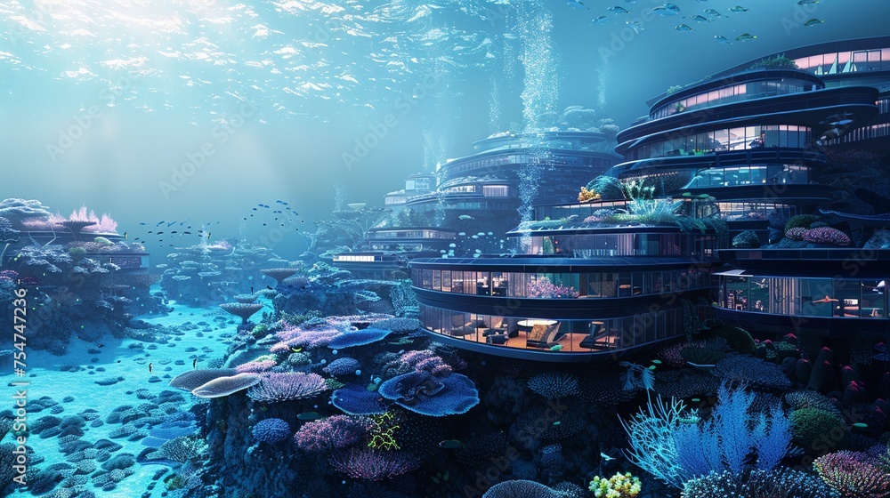 An artistic visualization of an underwater city that coexists with ...