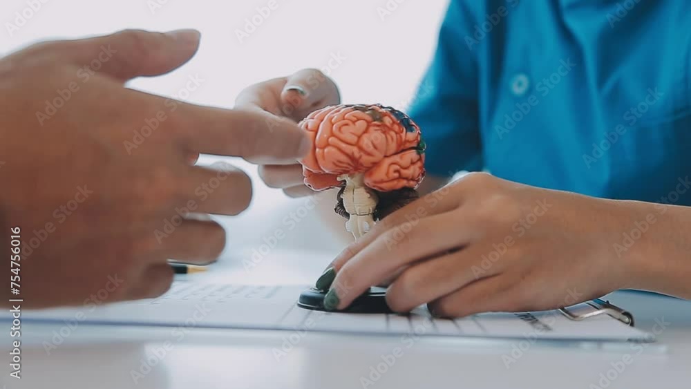 Neurologist hand pointing brain anatomy human model and brain disease ...