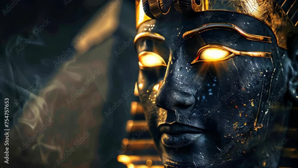 Dark stone statue with glowing eyes, representing an Egyptian god or ...