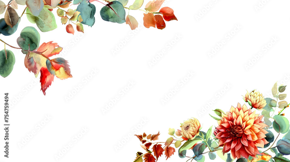 Autumn floral corner border with dahlia, rose and eucalyptus leaves ...