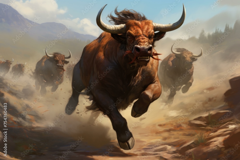 Mythological Minotaur myth illustration running battle. Fairy rage ...