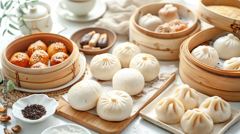 knolling of Cantonese Morning Tea Salted egg buns Steamed pork bun ...