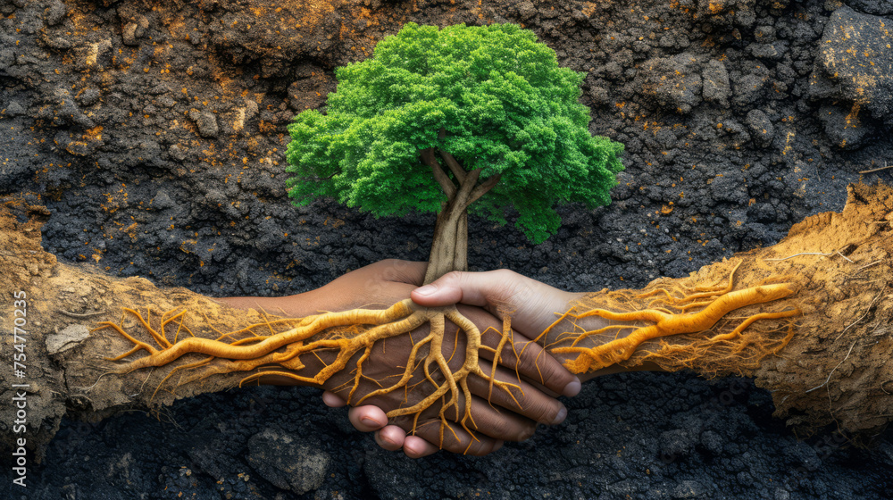 Human hands and tree roots in a symbolic act of nature connection Stock ...