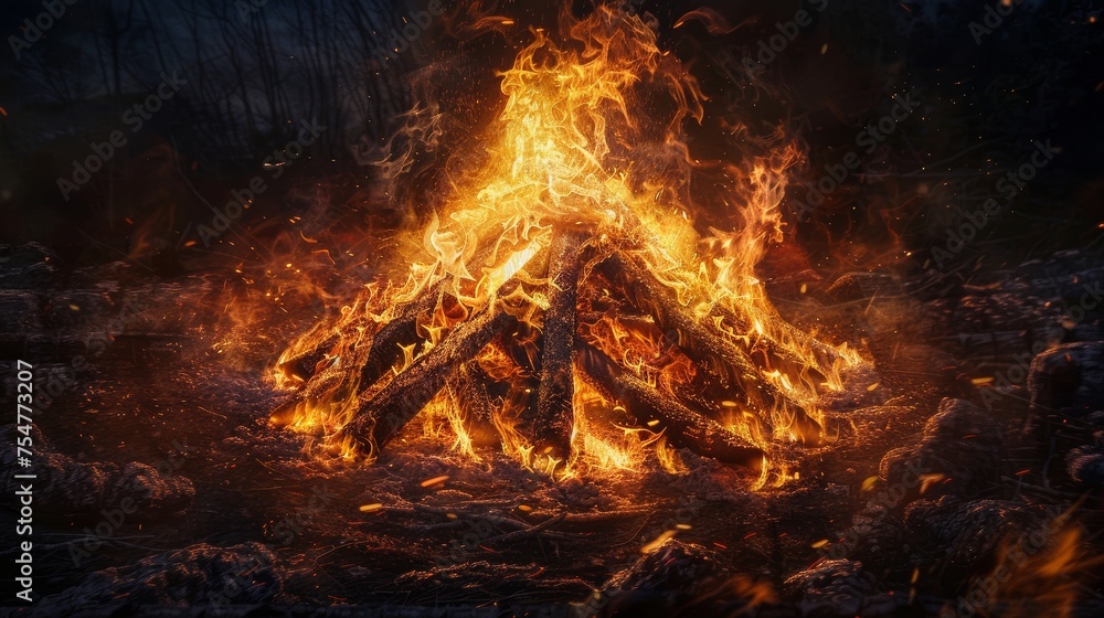 Hyper-realistic image of a roaring bonfire, capturing the intricate ...