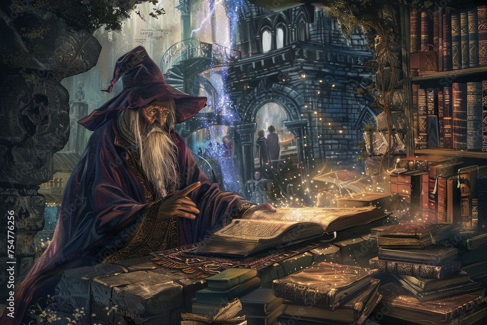 Digital painting of The wizard studies ancient tomes in the tower map ...