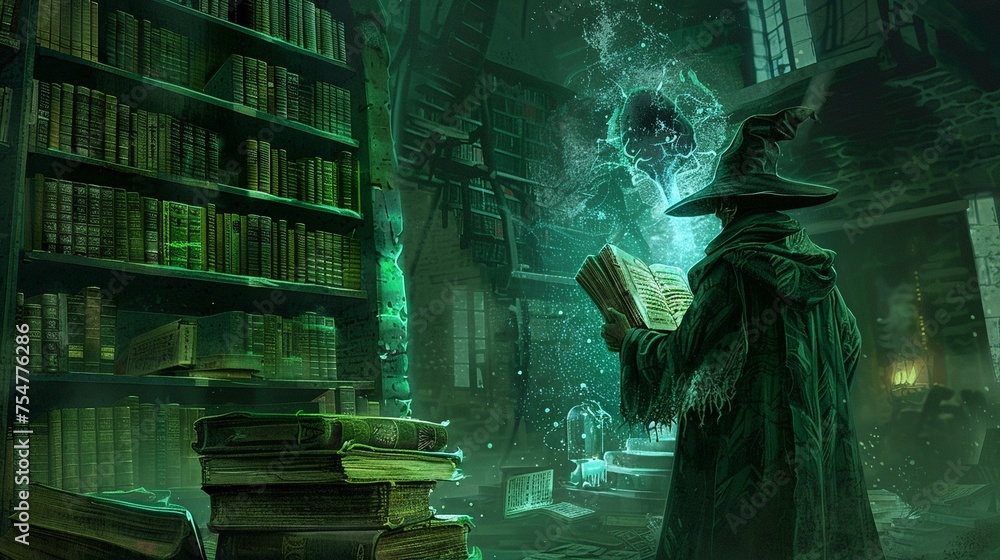 Digital painting of The wizard studies ancient tomes in the tower map ...