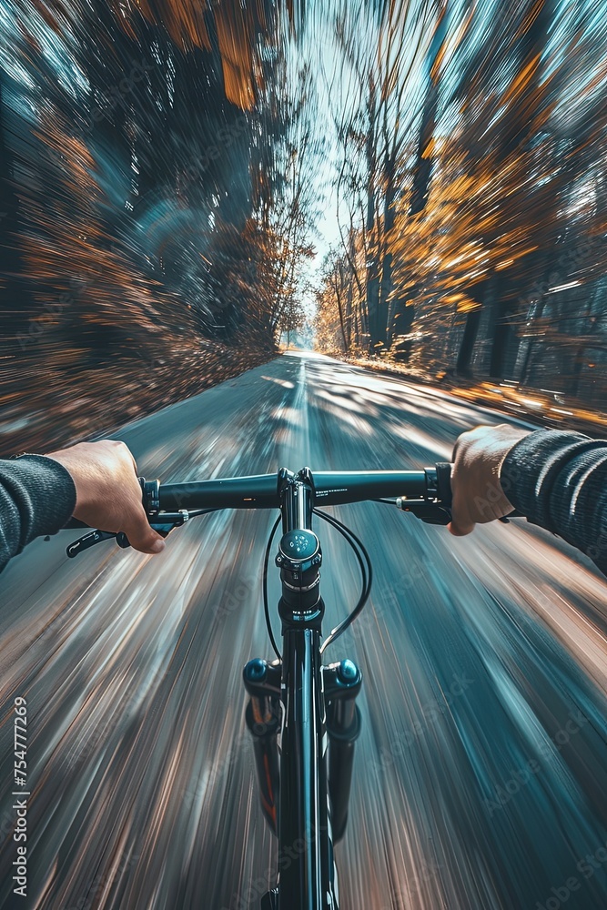 Rider driving bicycle on an asphalt road. Two hand on bike handlebar ...