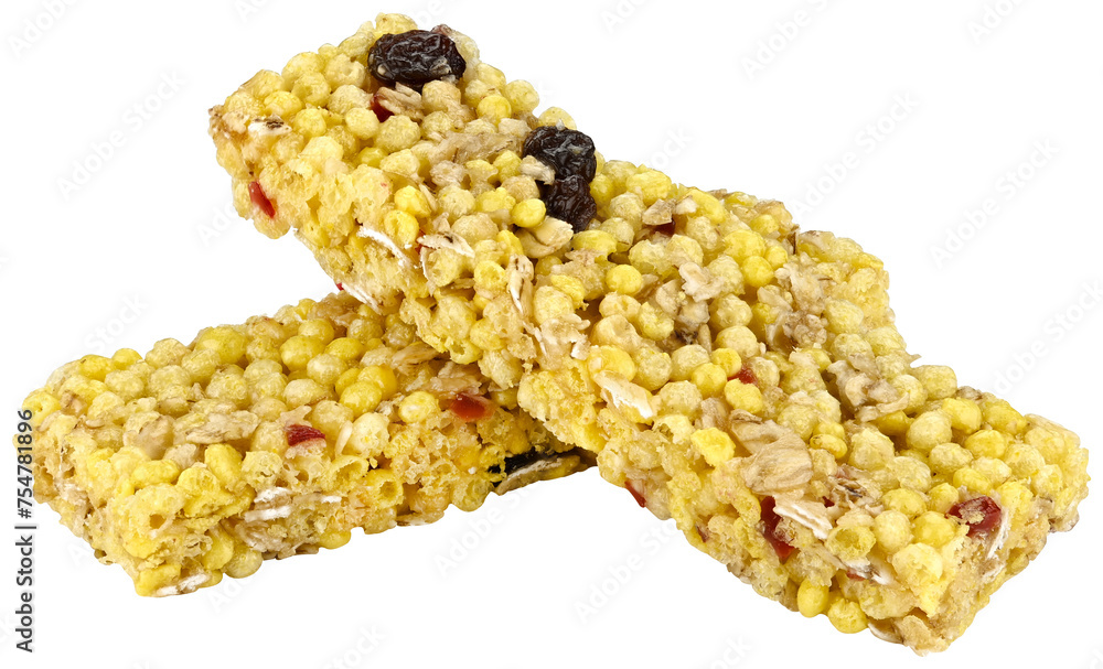 Two granola bars made of extruded cereal balls isolated on a ...