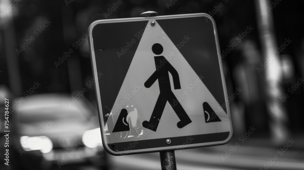 A pedestrian crossing sign in black and white, providing a clear visual ...