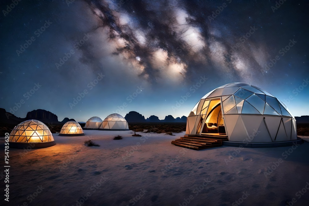 Modern igloo tents designed for luxury desert camping, set against a ...
