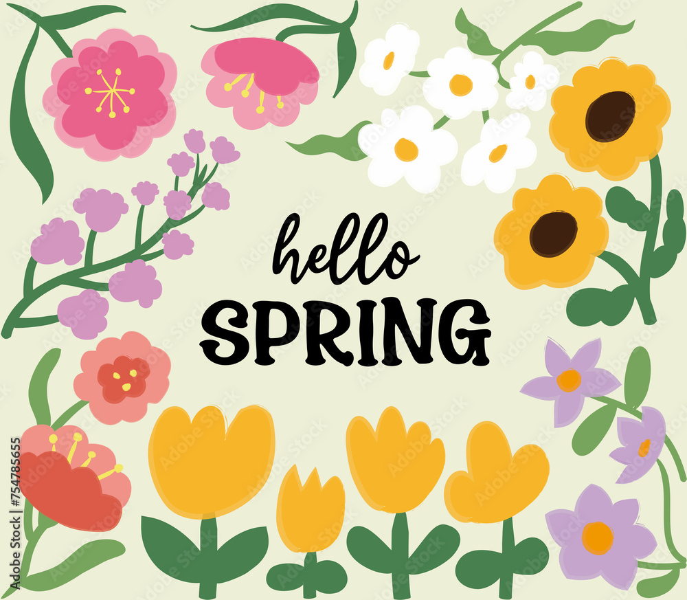 Hello spring illustration with spring flowers hand drawing design Stock ...