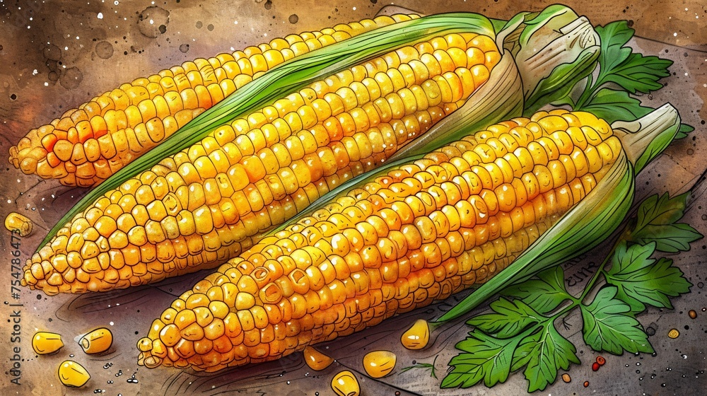 A white background with an illustration of corn in a hand-drawn style ...