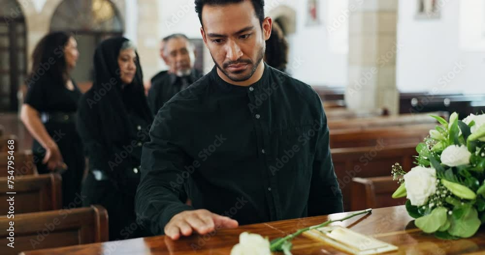 Funeral, coffin and sad man at church with flowers, mourning or grief ...