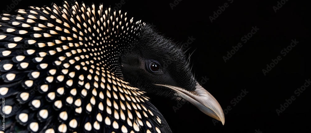 a close up of a black bird with white spots on it's head and a black ...