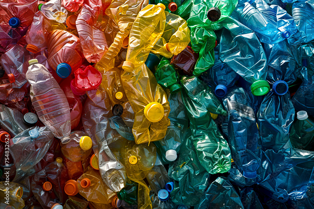 Colorful plastic bottles stacked in a recycling pile a creative ...