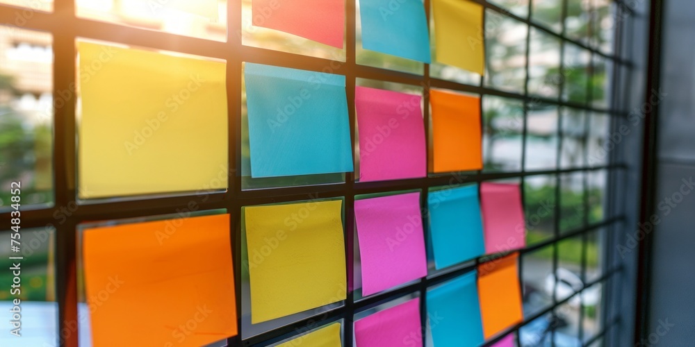 Brightly colored sticky notes affixed to a glass window in a well-lit ...