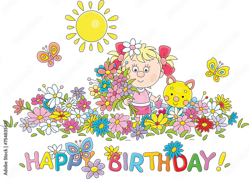 Birthday card with a happy little girl holding a beautiful bouquet ...