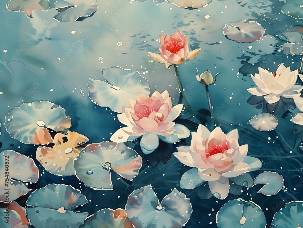 Watercolor Painting of Lotus Flowers in a Pond, To convey a sense of ...