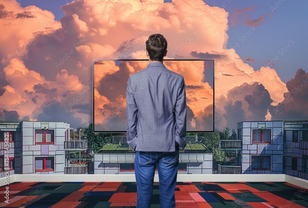 Creative Escape: Man Facing Surreal Skyline, Back view of a man in a ...