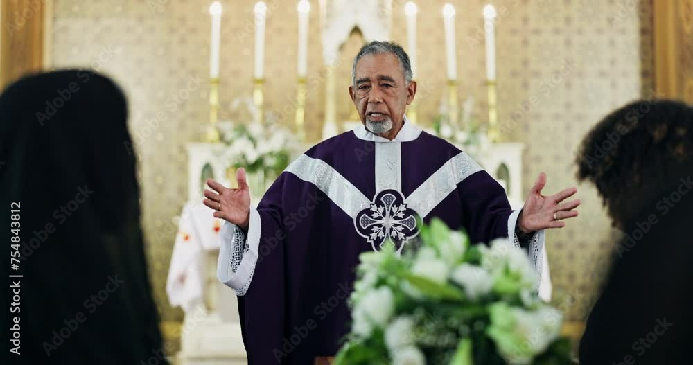 Funeral, senior or priest talking at church or memorial service for ...