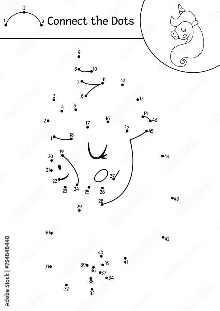 Vector dot-to-dot and color activity with unicorn head. Fairytale ...