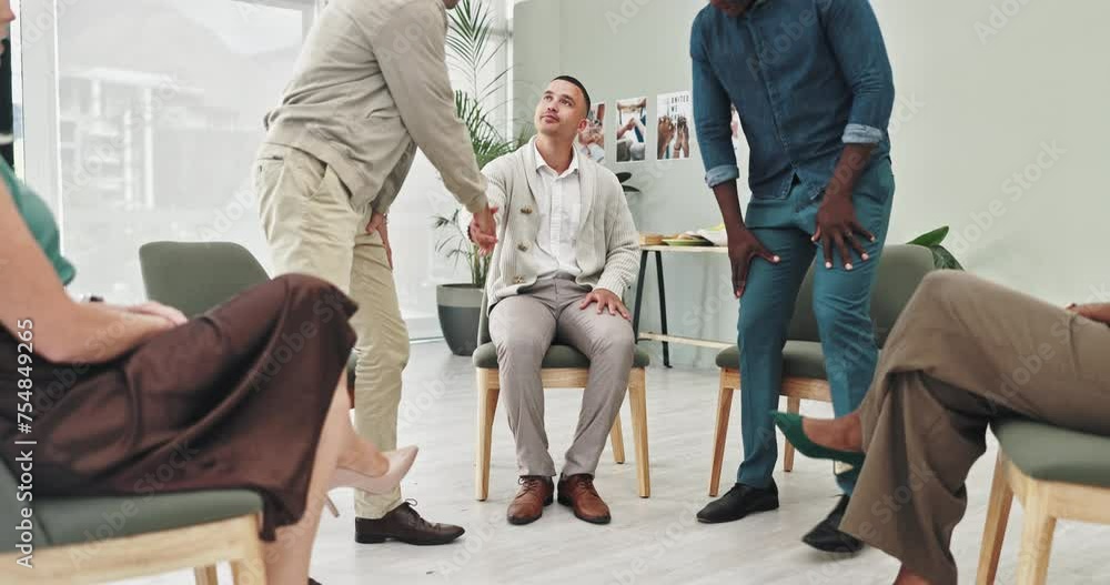 People, group therapy and together in circle at meeting with handshake ...