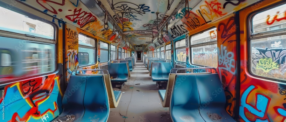 graffiti on the interior of a bus car train interior in graffiti ...