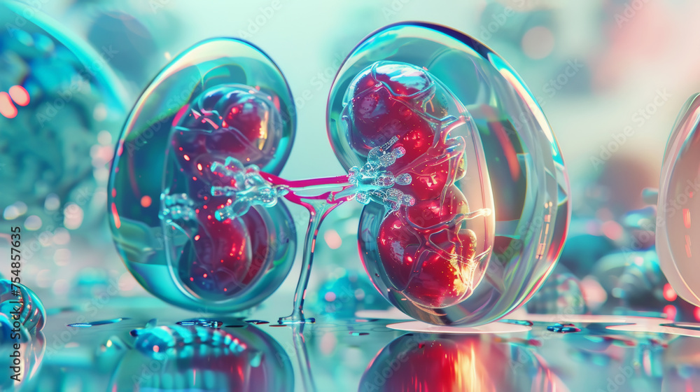 Light 3d futuristic glass model of human kidneys, nephrology healthcare ...