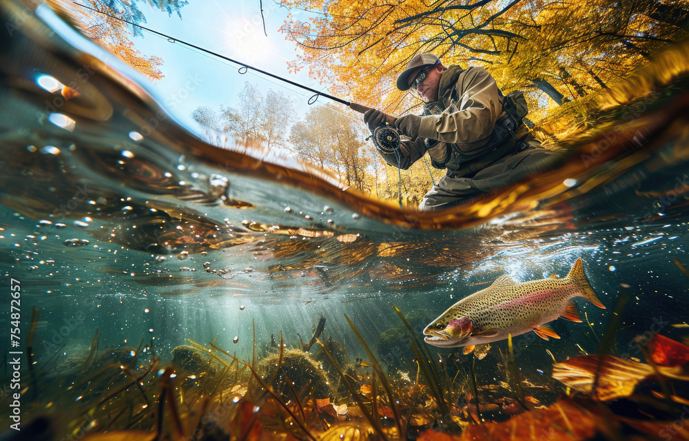 Photo of a fly fisherman with his fishing rod, an underwater view from ...
